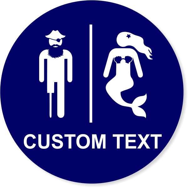 Engraved Unisex Restroom Sign with Funny Pirate and Mermaid - Custom Signs