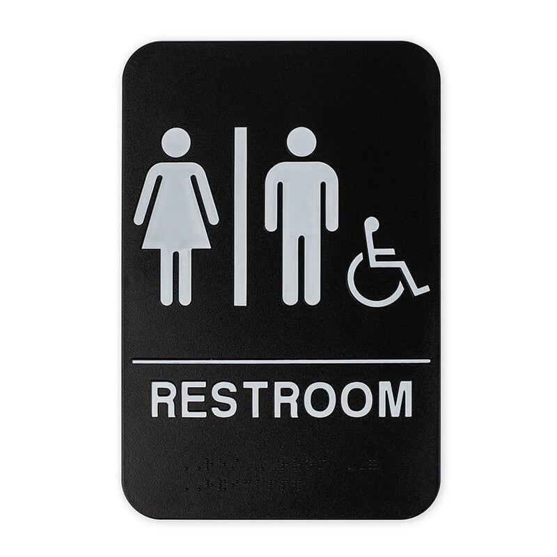 Black Unisex Handicap 9" x 6" ADA Braille Restroom Sign - CustomSigns.com
