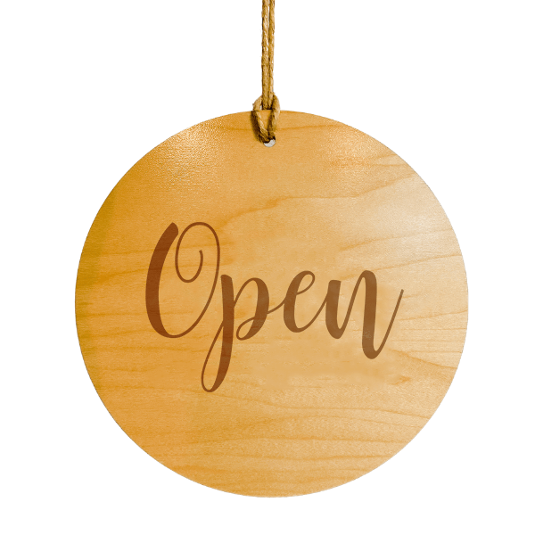 Elegant Script Wood Engraved Open Sign | Customsigns.com